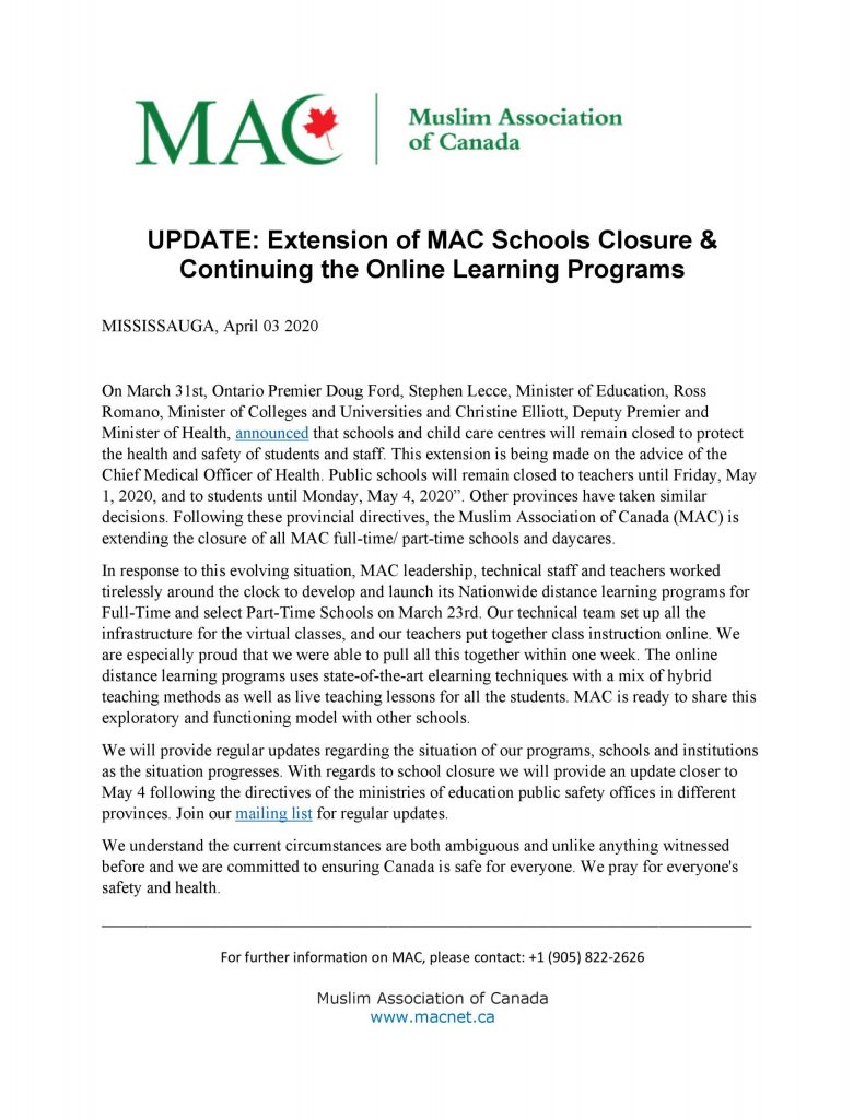 UPDATE: Extension of MAC School Closures & Continuing Online Learning ...
